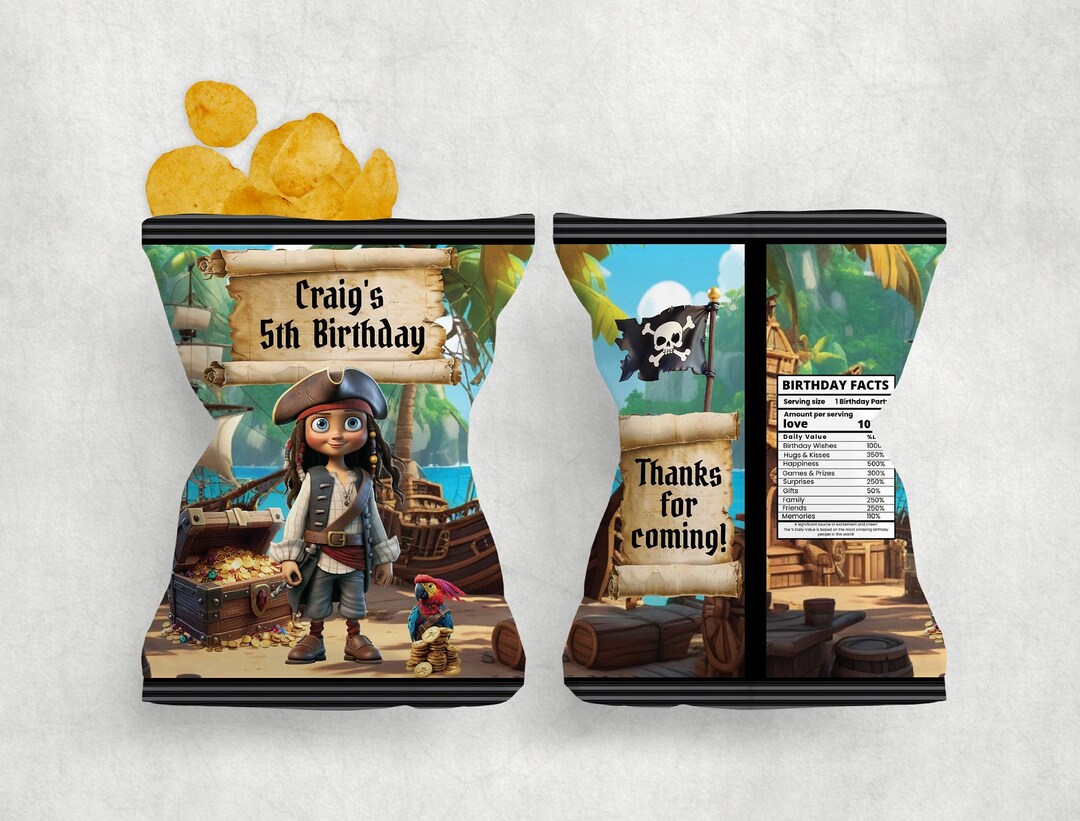 Pirate Chip Bag Editable Printable Boy Favor Digital Template Black ...