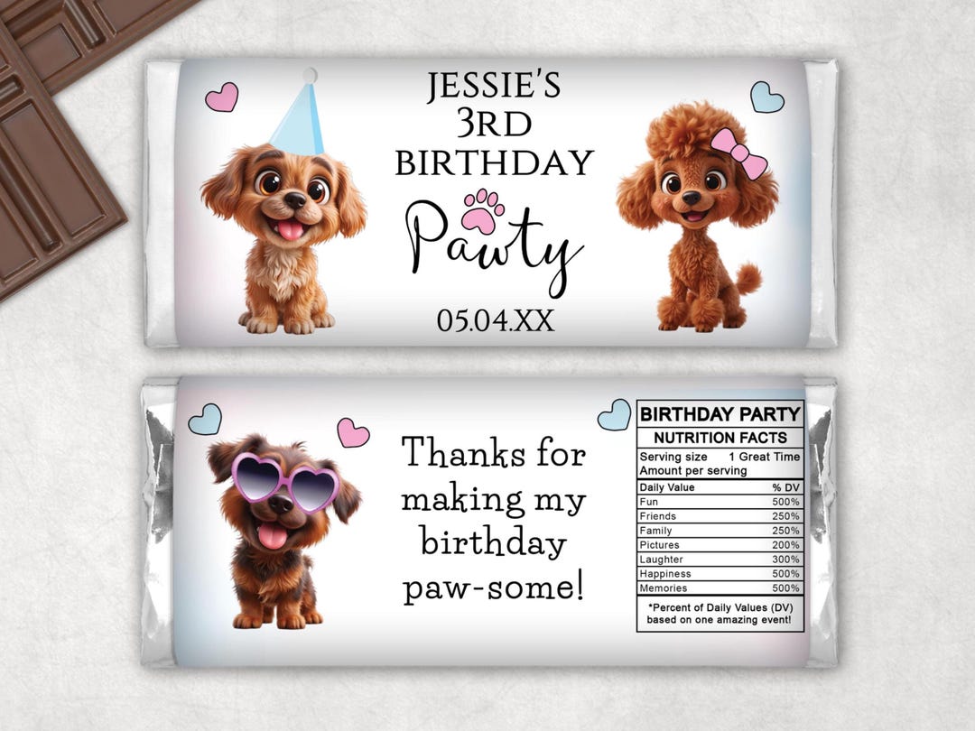 Puppy Chocolate Bar Wrapper, Editable Printable Dog Birthday Party ...
