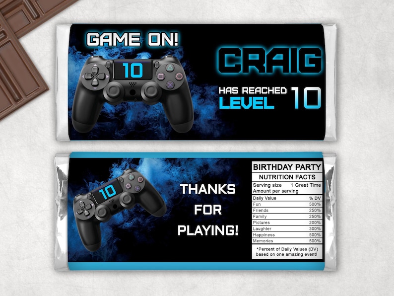 Video Game Birthday Chocolate Bar Wrapper, Editable Printable Blue ...