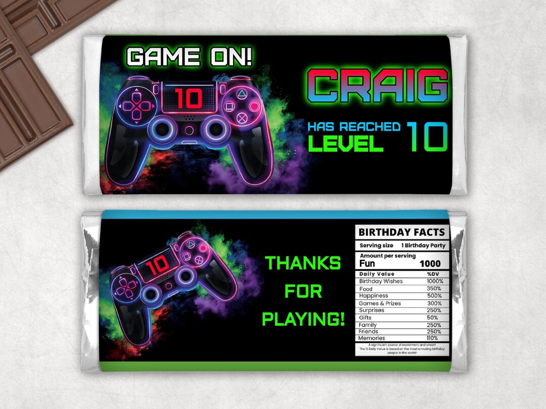 Video Game Birthday Chocolate Bar Wrapper, Editable Printable Neon Glow ...