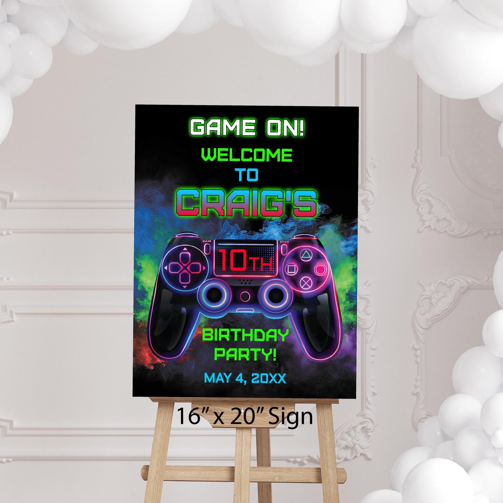 Video Game Birthday Welcome Sign, Editable Printable Neon Glow Gamer ...