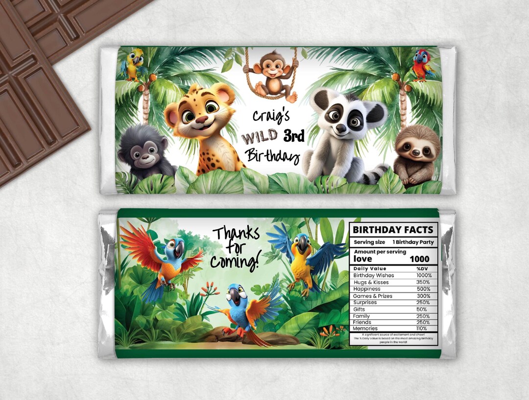 Rainforest Animals Birthday Chocolate Bar Wrapper, Editable Jungle ...