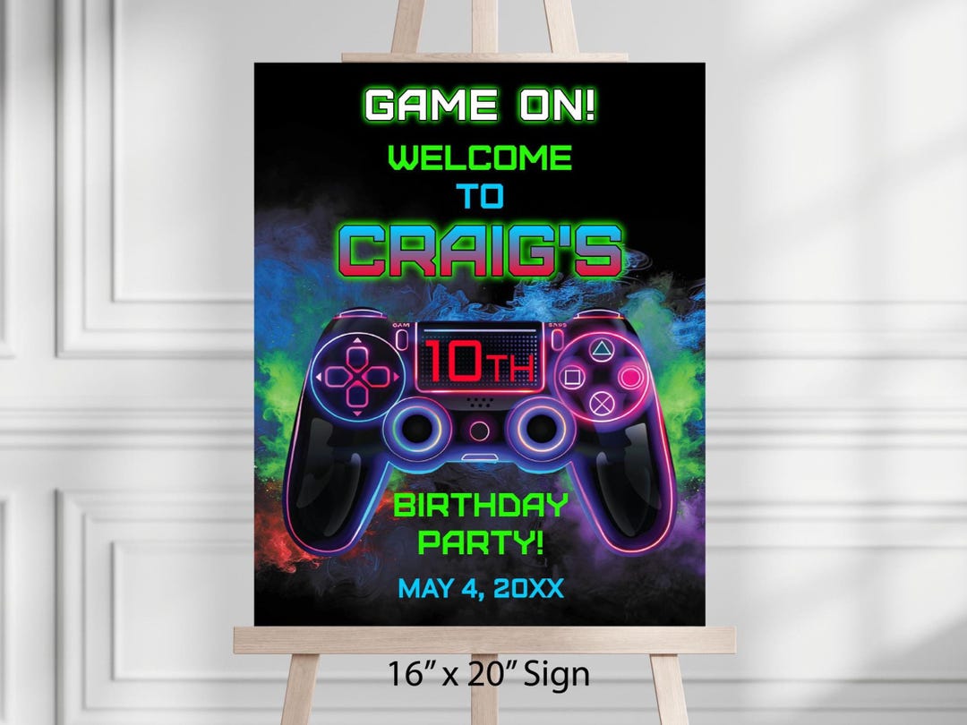 Video Game Birthday Welcome Sign, Editable Printable Neon Glow Gamer ...