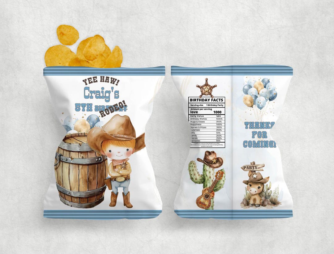 Cowboy Birthday Chip Bag, Editable Country Western Party Loot Bag, Wild ...