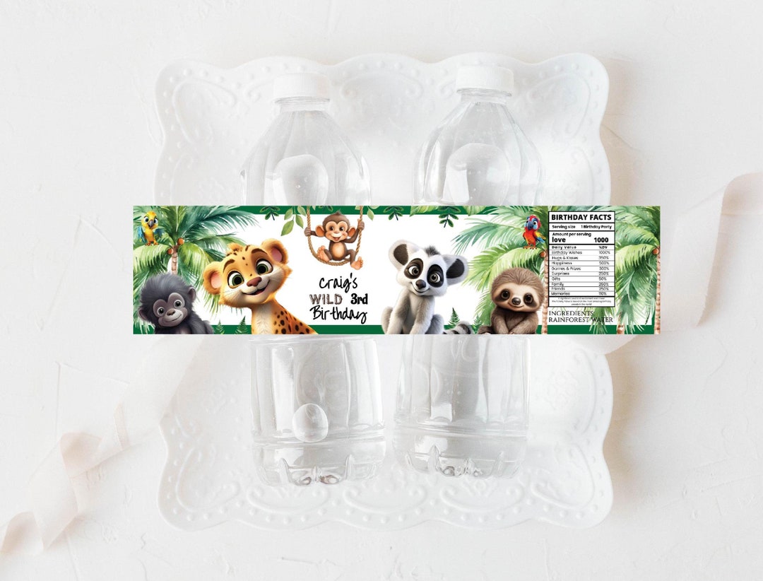 Rainforest Animals Birthday Water Bottle Label, Editable Jungle Animals ...
