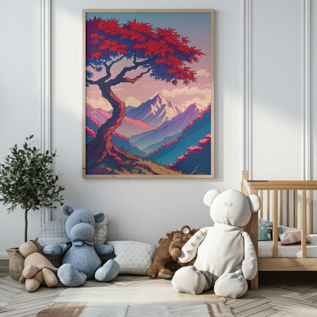 Japanese Red Maple Tree Printable Art Mountain Landscape Digital ...