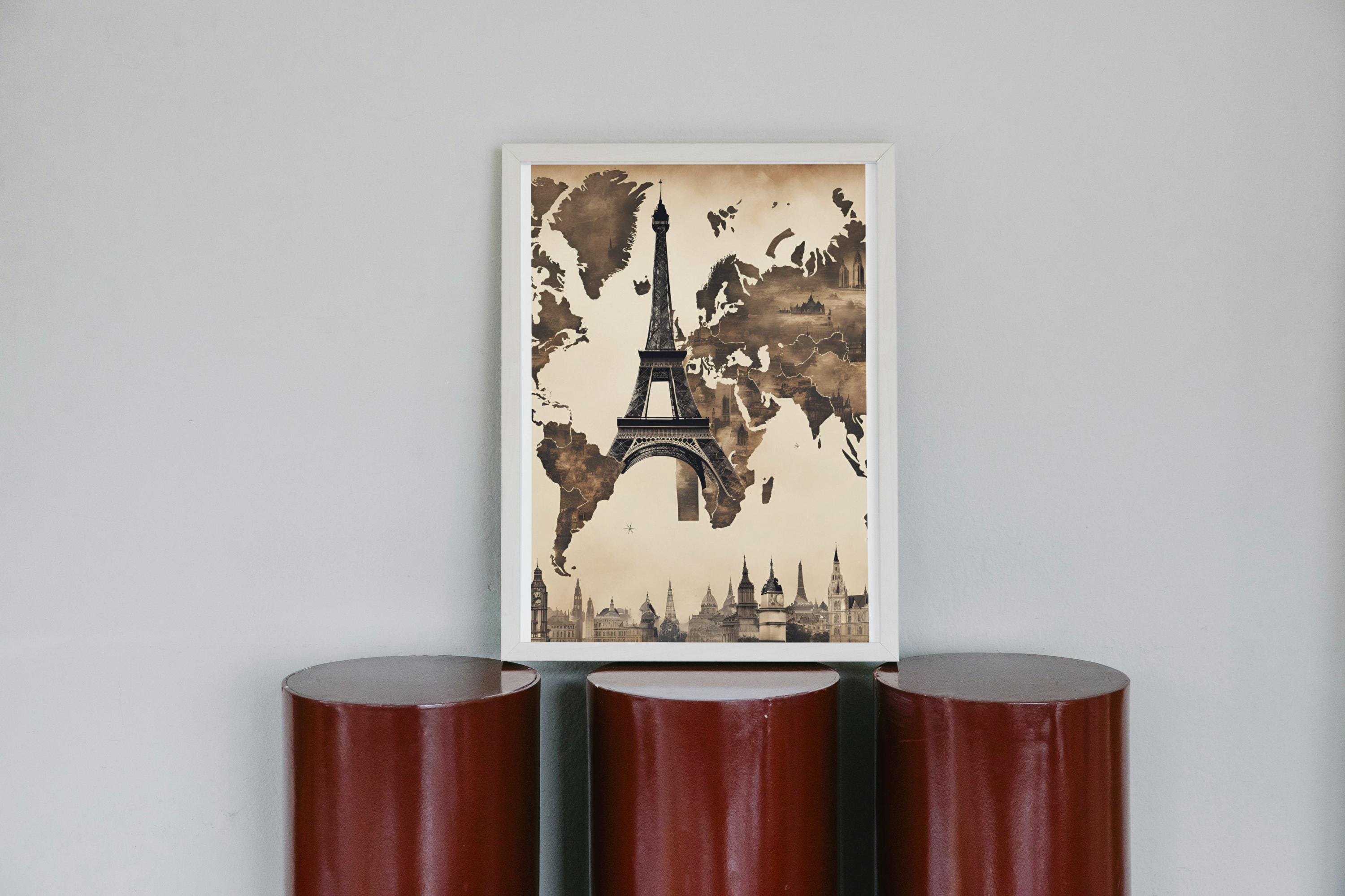 Vintage World Map With Eiffel Tower Poster Printable Paris Wall Art - Etsy