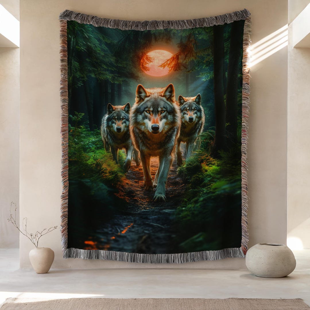 Silver Wolf Whimsigoth Woven Blanket Tapestry Mystical Forest Full Moon ...