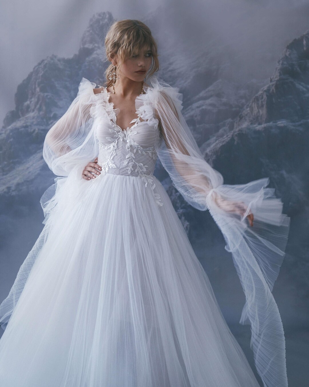 Long Sleeve Tulle Wedding Gown GAELLA With Floral Embroidered Lace ...