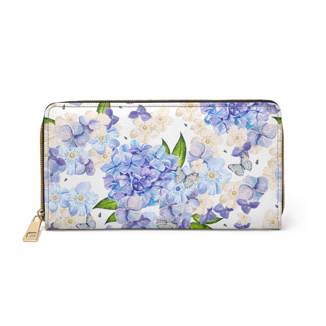 Blue Hydrangea Floral Wallet: PU Leather Zip Purse, Elegant Organizer ...