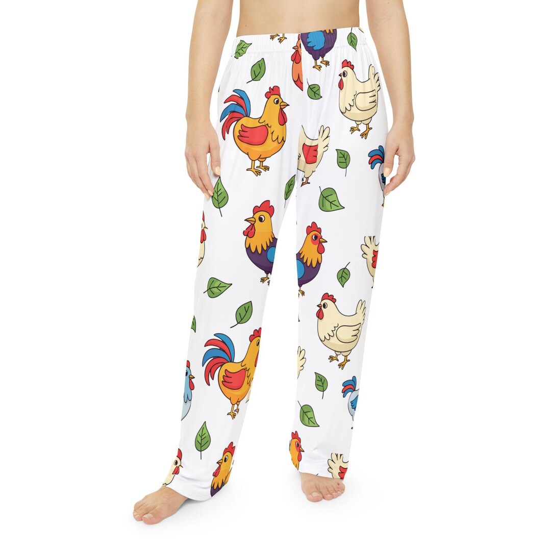Colorful Rooster Pattern Pajama Pants | Chickens on White - Etsy