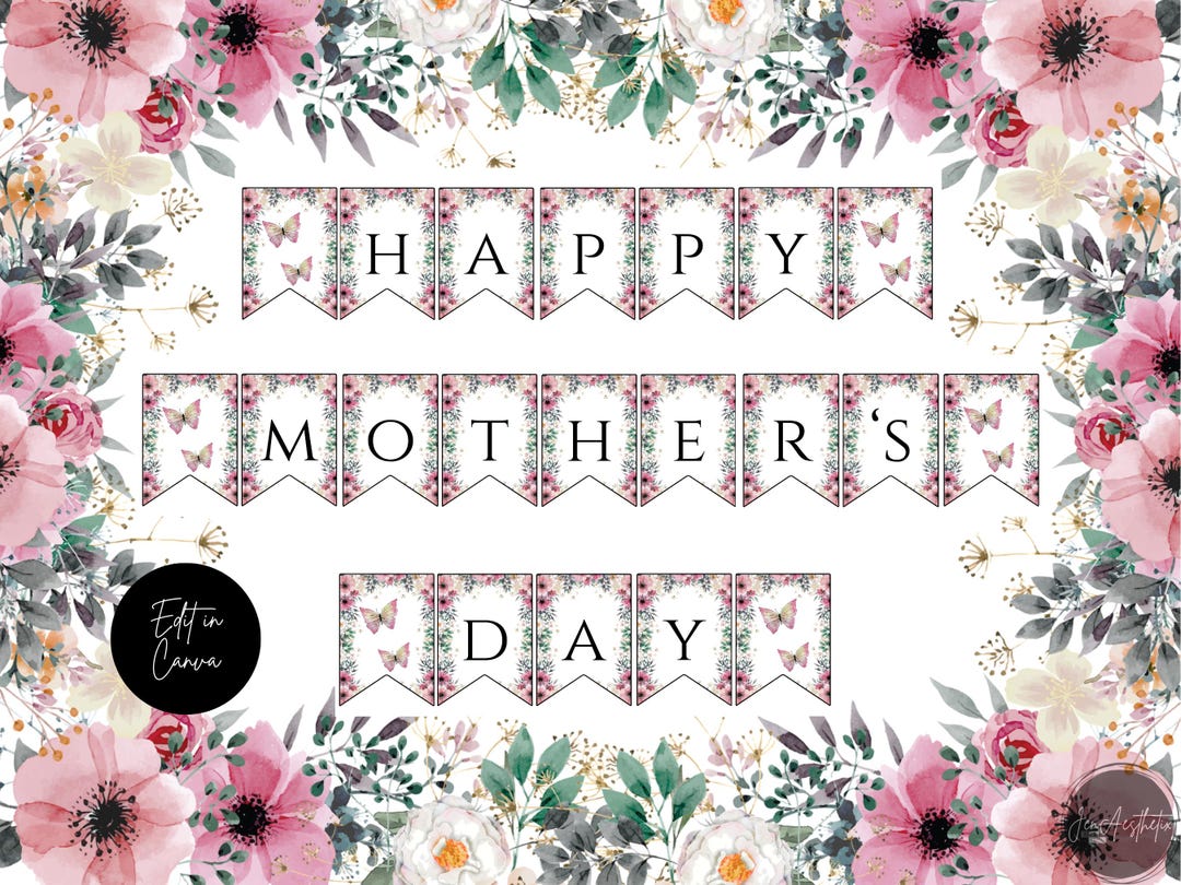 Happy Mother's Day Banner, Floral Bunting With Butterflies, DIY ...