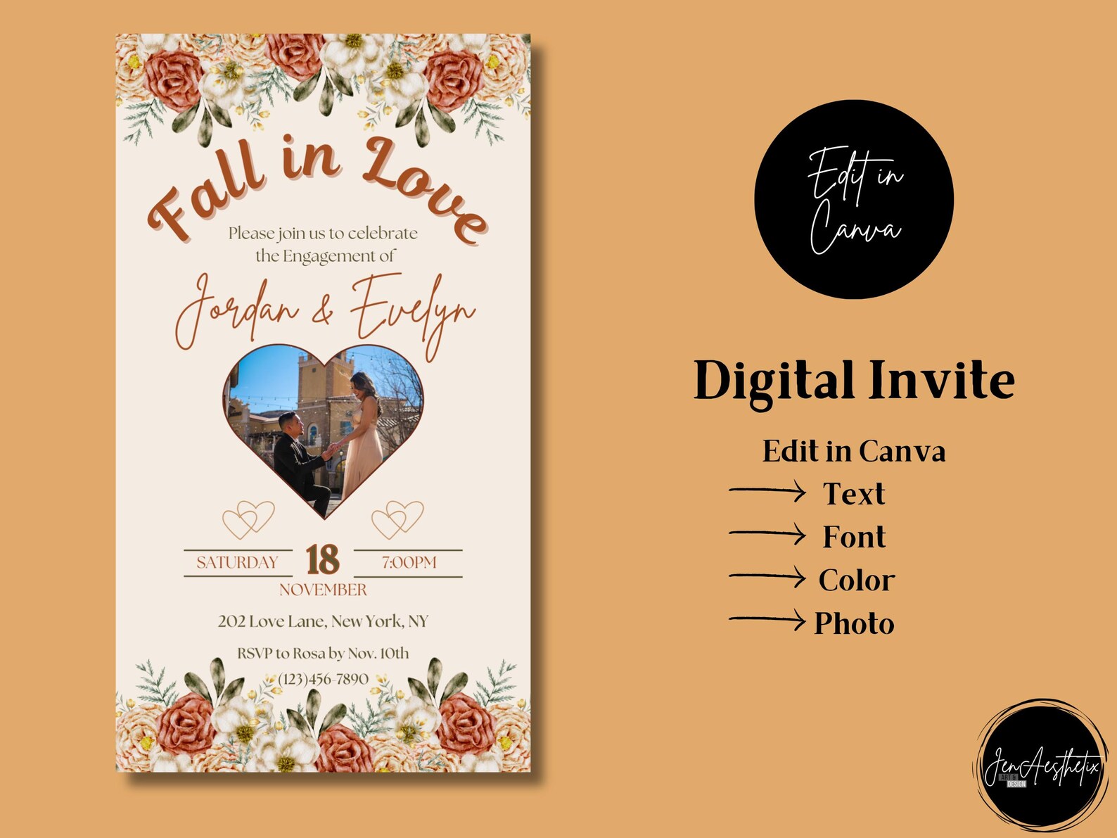 Editable Fall in Love Engagement Invitation With Photo Upload, Elegant ...