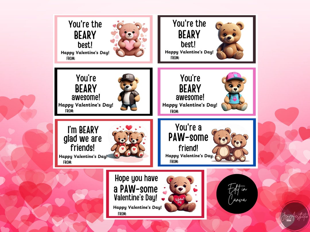 Editable Teddy Bear Valentine Cards | 30 Cartoon Classroom Cards | Cute ...