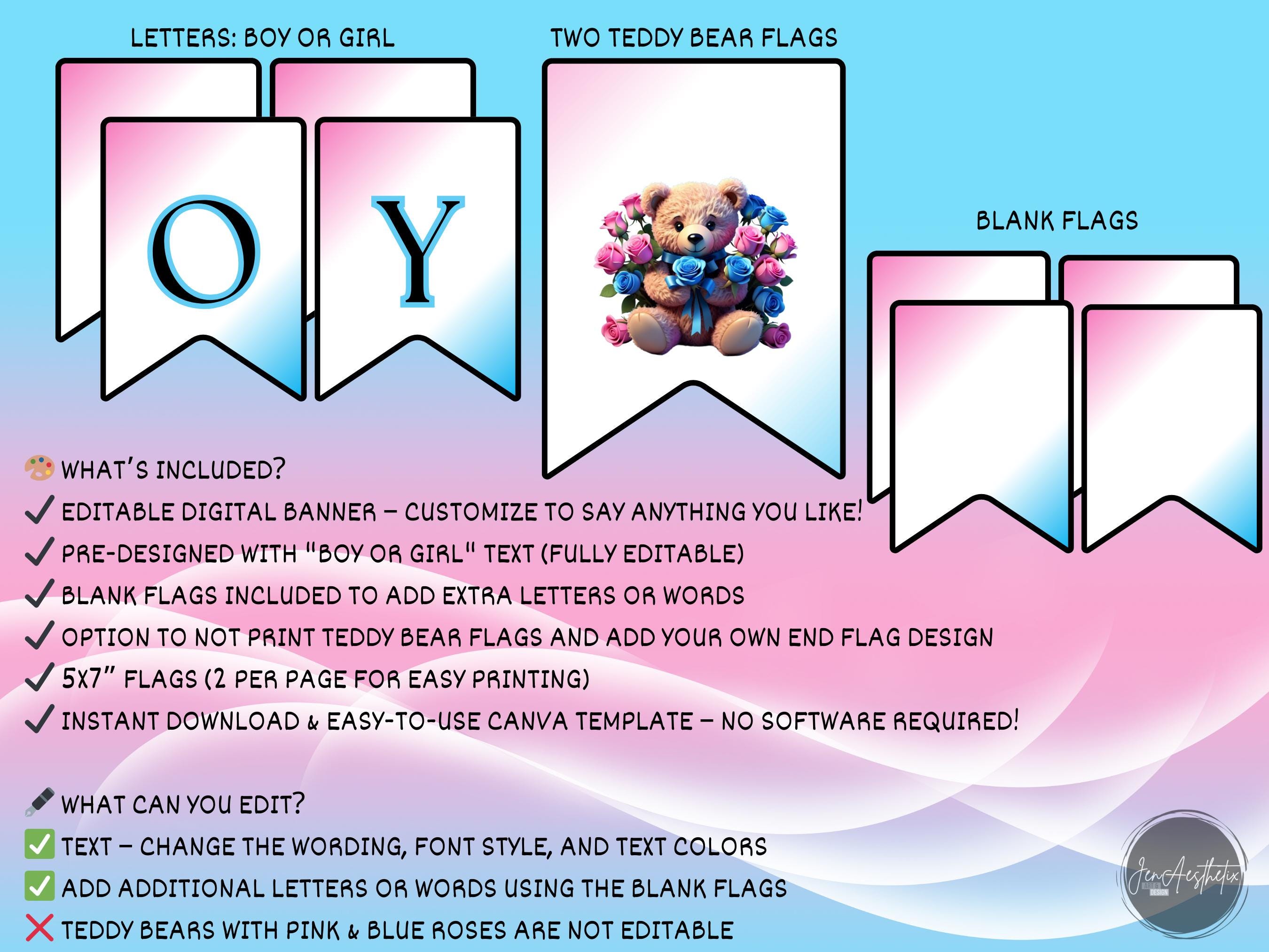 Editable Gender Reveal Banner: Boy or Girl Teddy Bear Bunting (digital ...