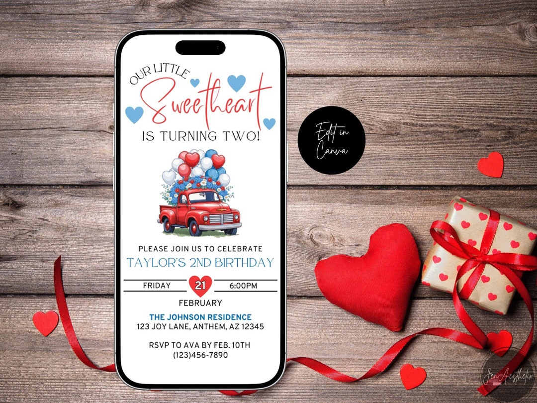 Editable Sweetheart Birthday Invitation: Red Truck, Flowers, Balloons ...