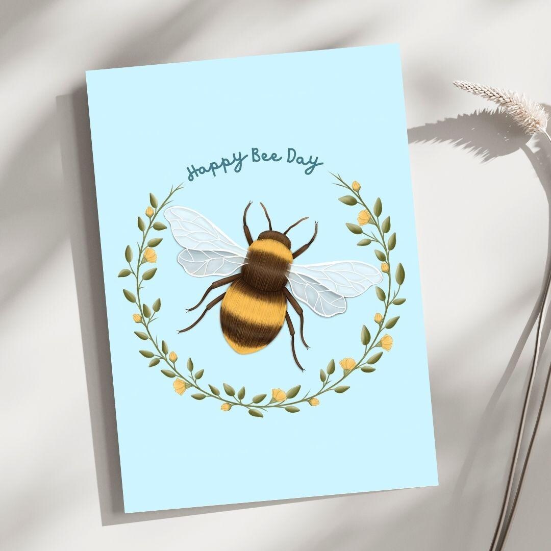 Happy Bee-day Printable Card Blue Bee Greeting Card, Instant Digital ...