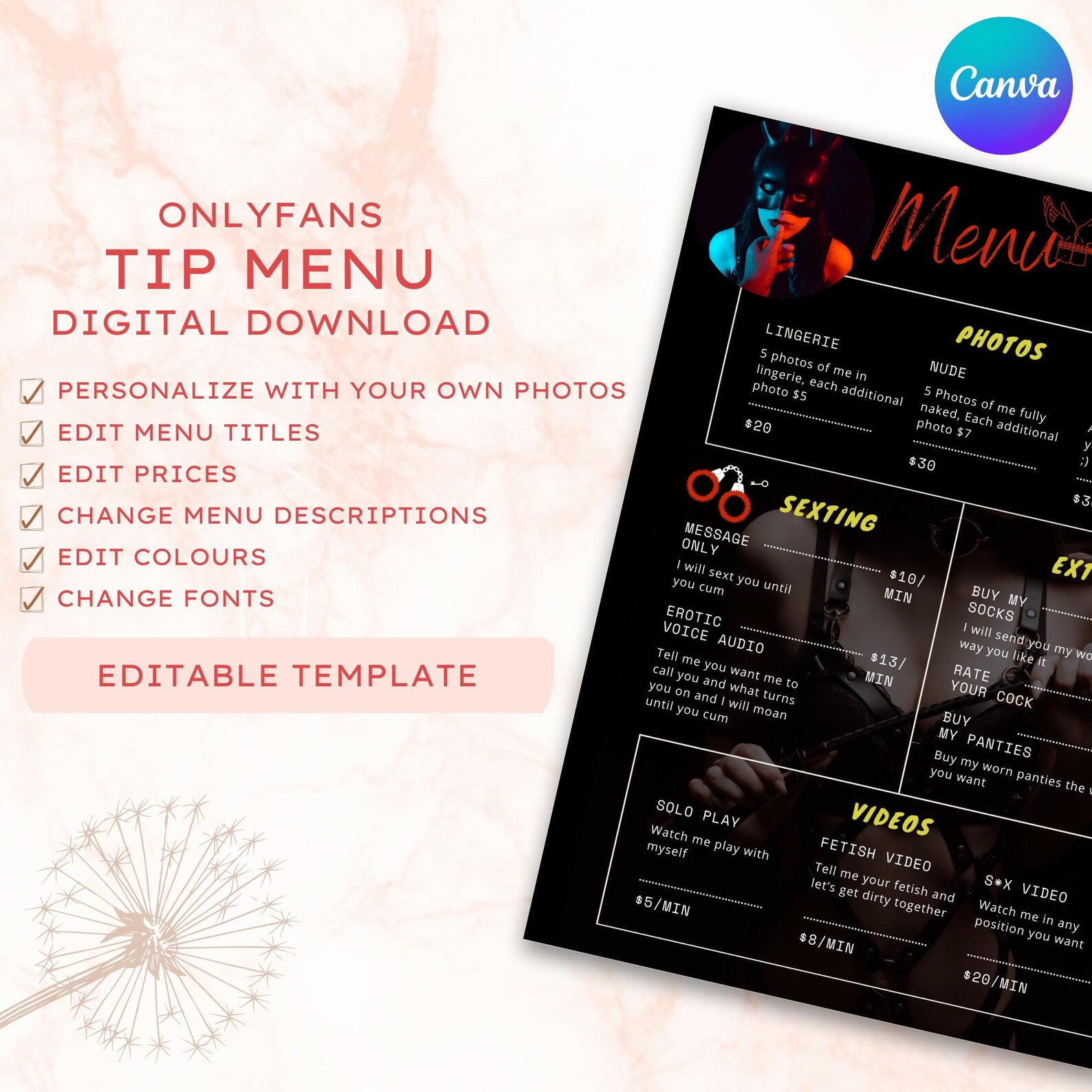 Kinky Onlyfans Tip Menu | Fansly Template | Editable Template | Tip ...