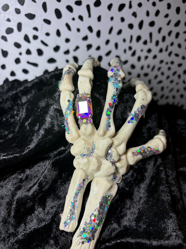 Iridescent Bedazzled Halloween Skeleton Hand With Gems, Sparkles and ...