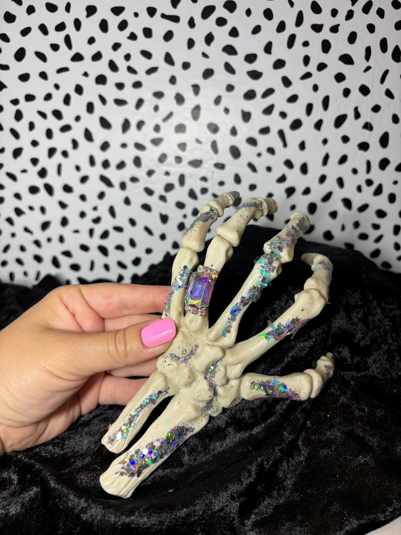 Iridescent Bedazzled Halloween Skeleton Hand With Gems, Sparkles and ...