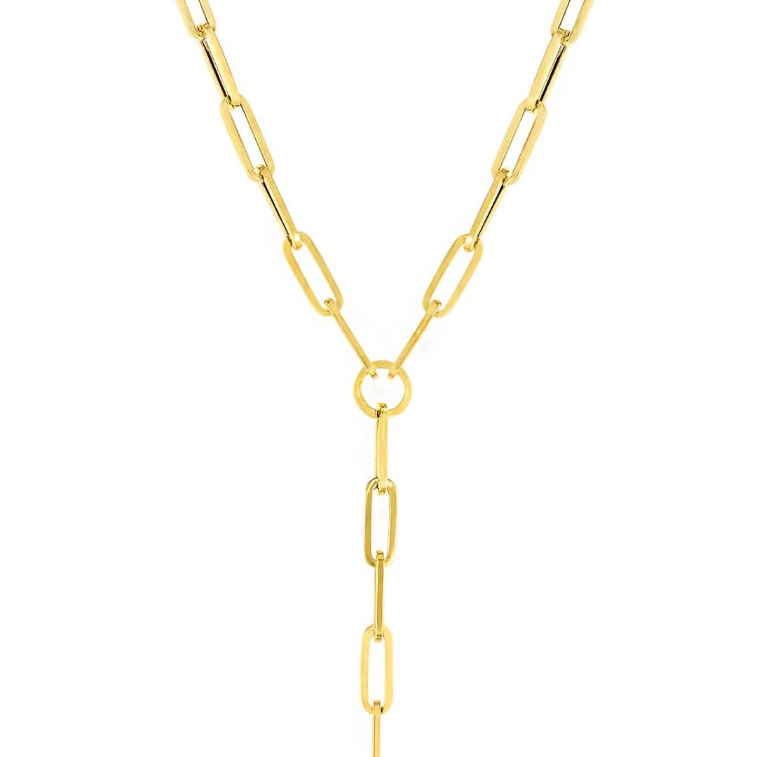 Solid Gold Paperclip Necklace, 14k Gold Lariat Paperclip Necklace ...
