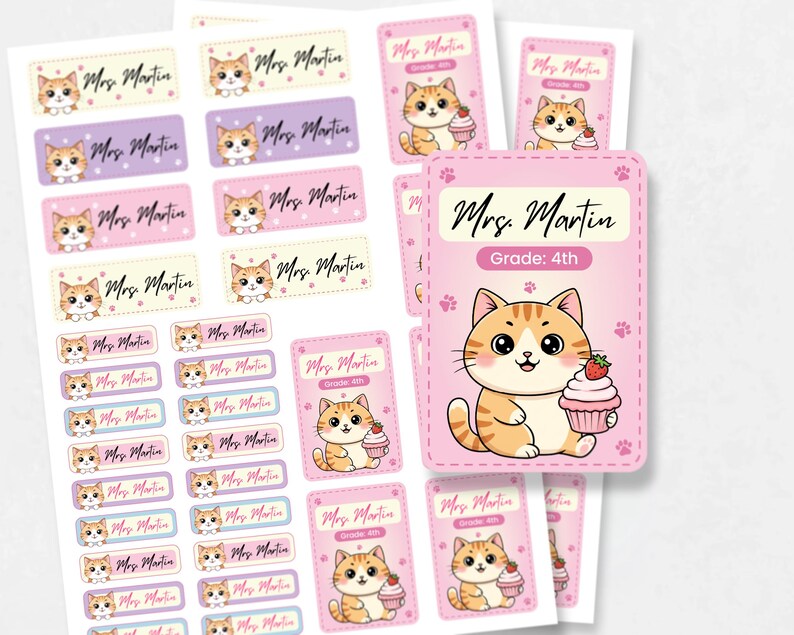 Editable Kids Name Labels Canva Template, Cute Cat School Stickers ...