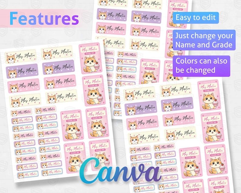 Editable Kids Name Labels Canva Template, Cute Cat School Stickers ...