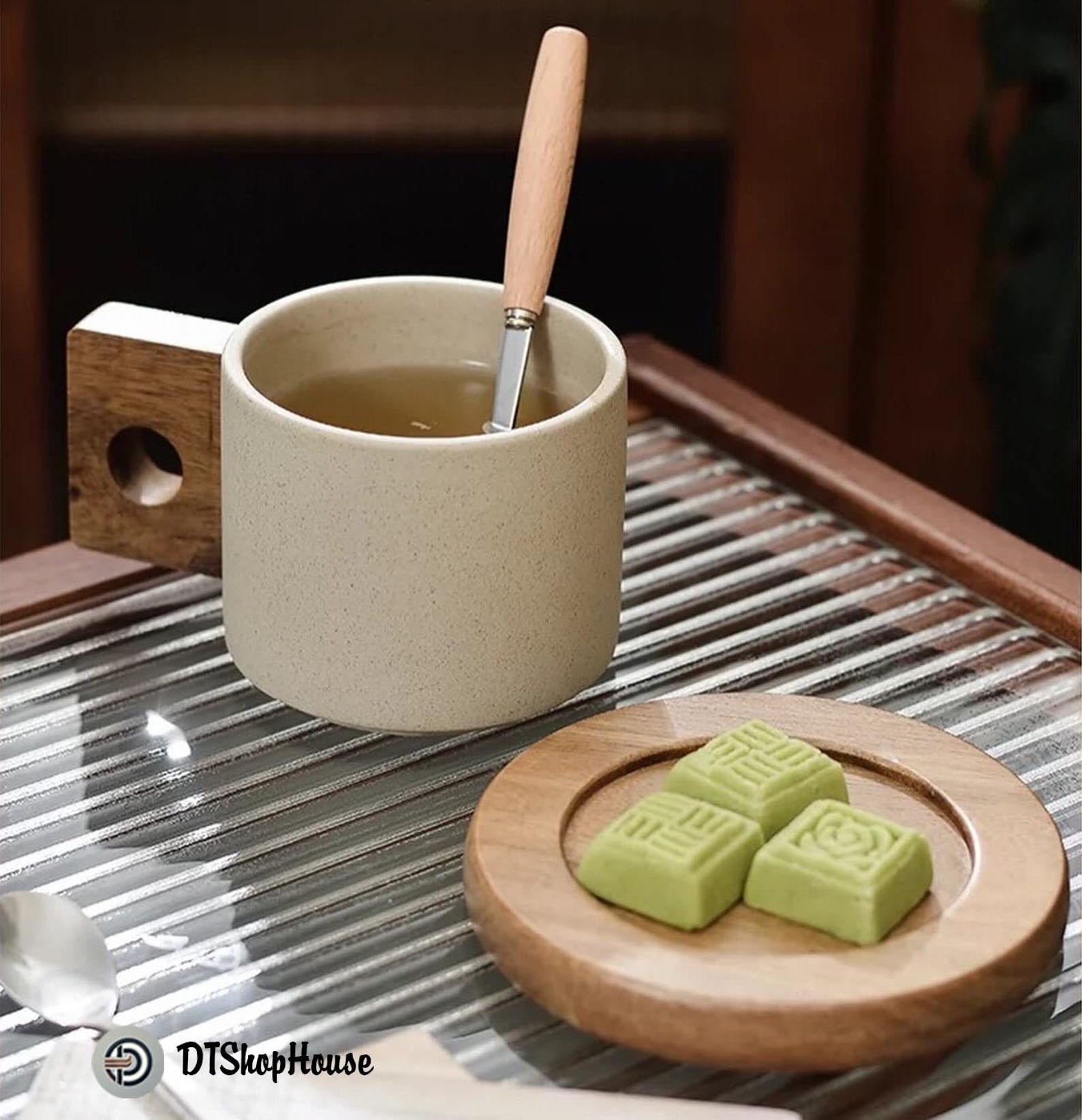 Vintage Ceramic Mug With Natural Wood Handle and Tray – 300ml Stylish ...
