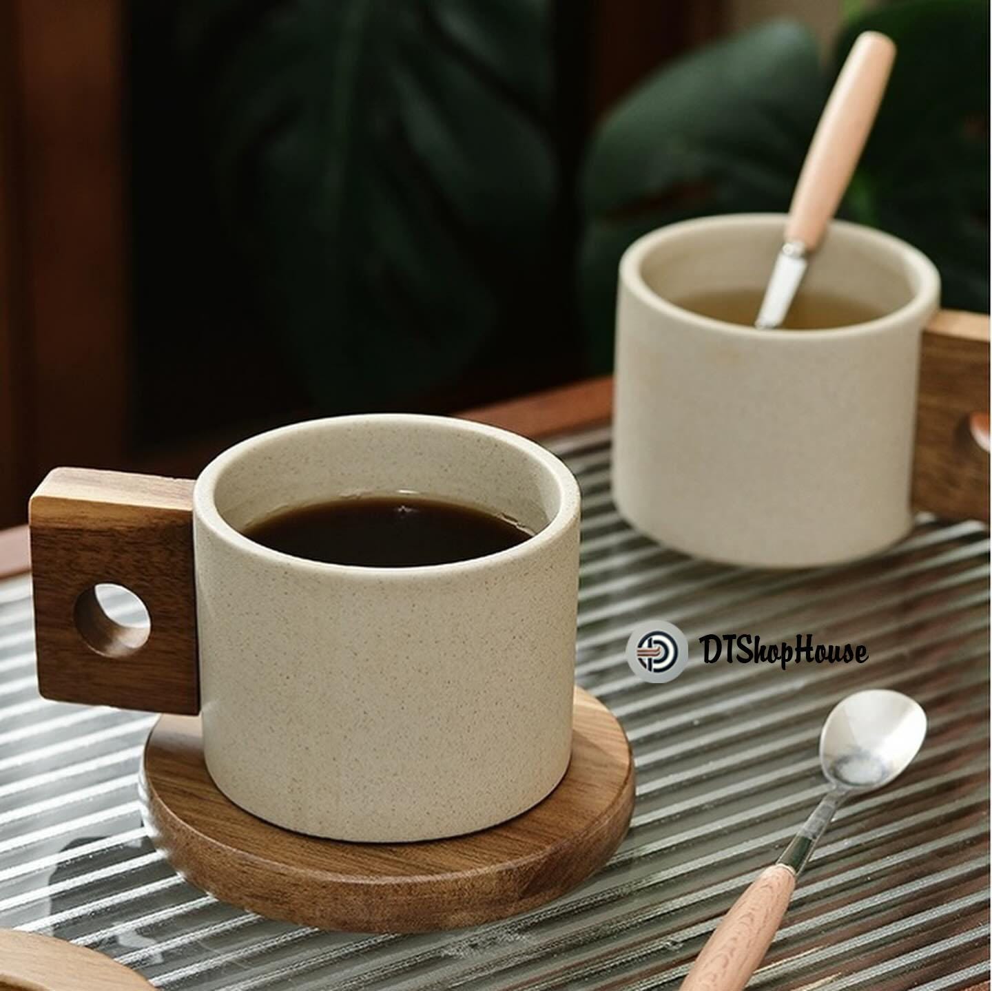 Vintage Ceramic Mug With Natural Wood Handle and Tray – 300ml Stylish ...