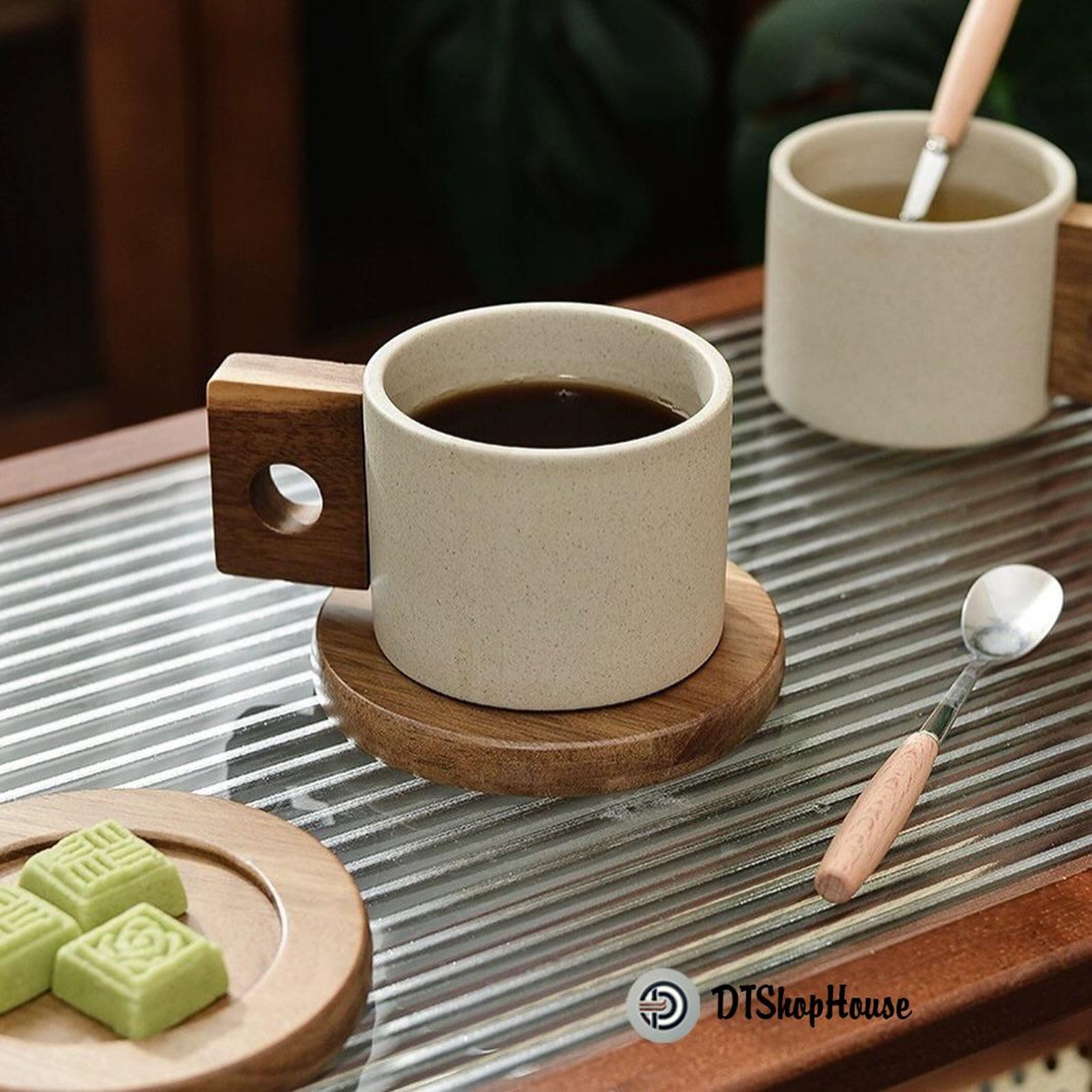 Vintage Ceramic Mug With Natural Wood Handle and Tray – 300ml Stylish ...