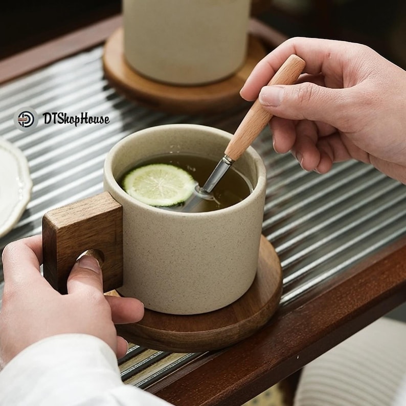 Vintage Ceramic Mug With Natural Wood Handle and Tray – 300ml Stylish ...