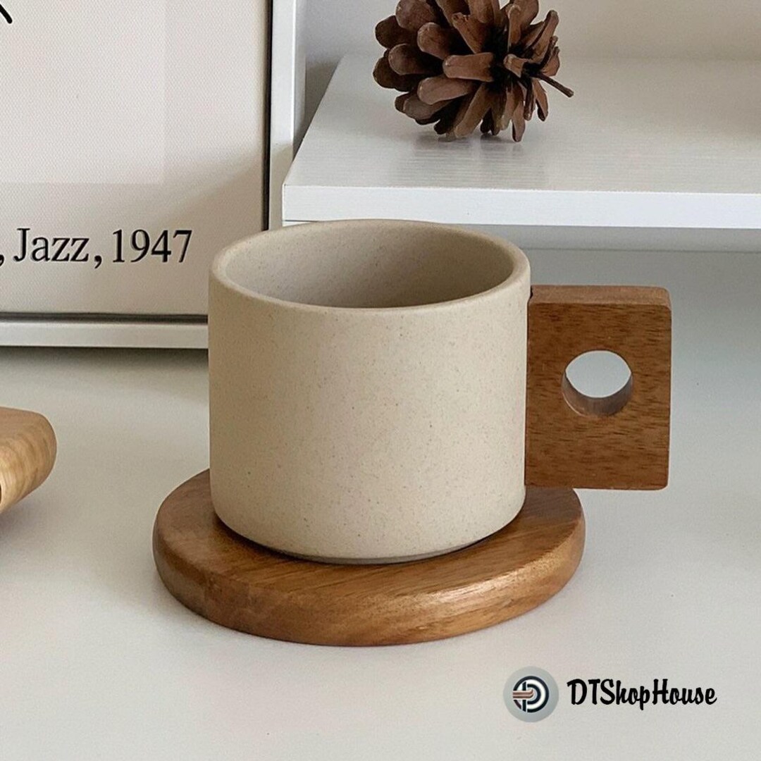 Vintage Ceramic Mug With Natural Wood Handle and Tray – 300ml Stylish ...