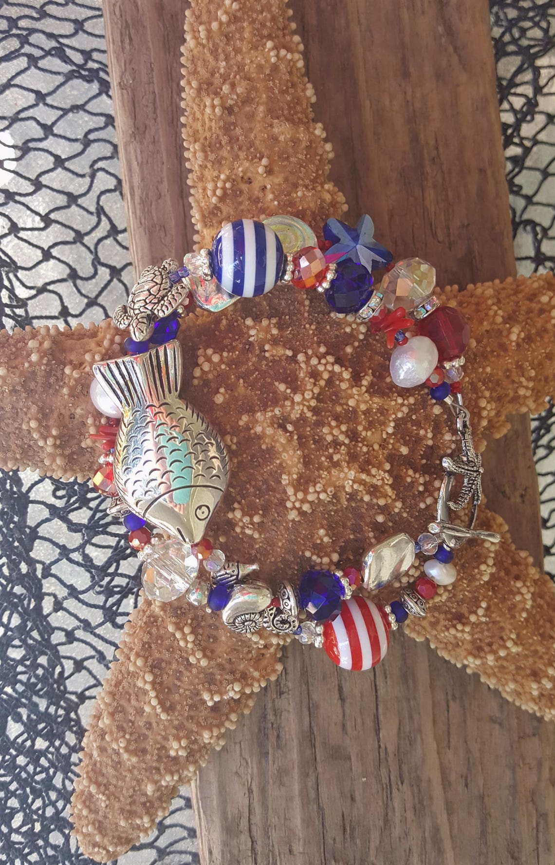 Upcycled Beach Sea Inspired Silver Fish Red White and Blue Bracelet - Etsy