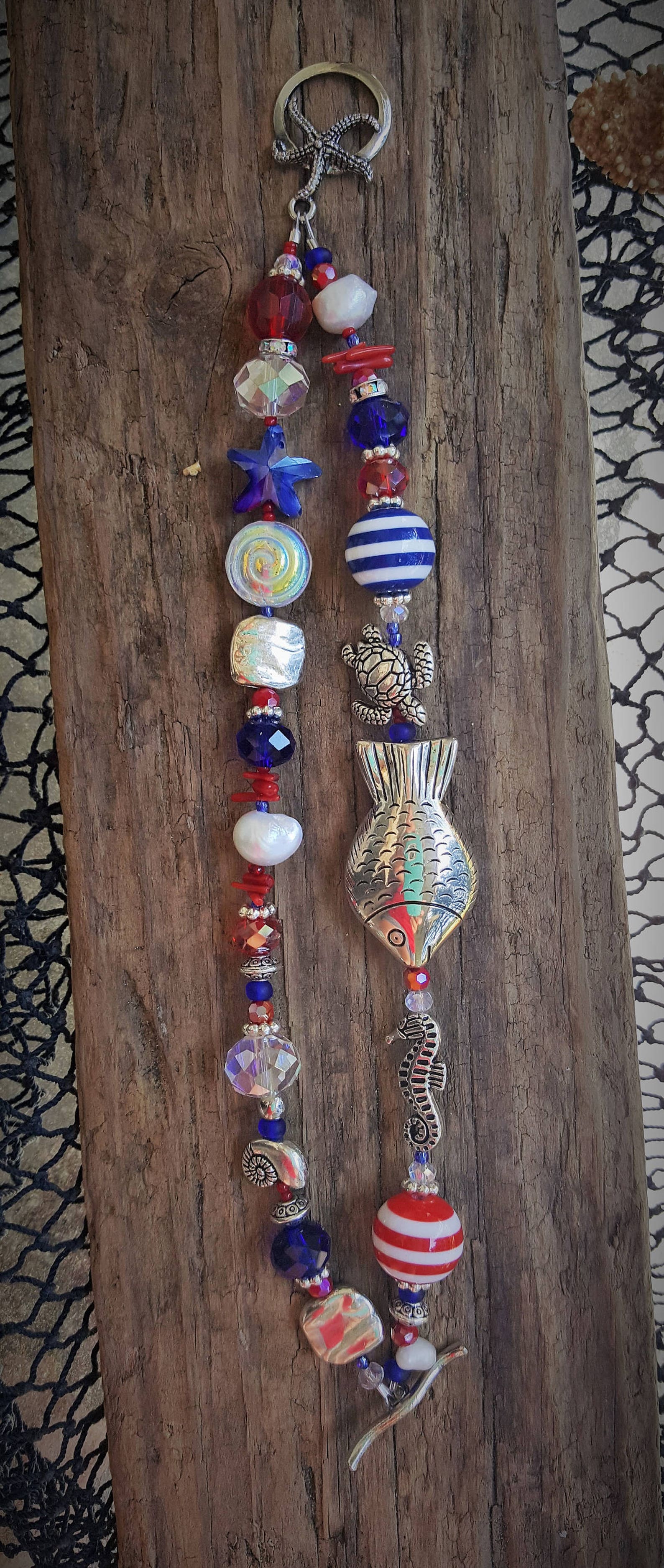 Upcycled Beach Sea Inspired Silver Fish Red White and Blue Bracelet - Etsy