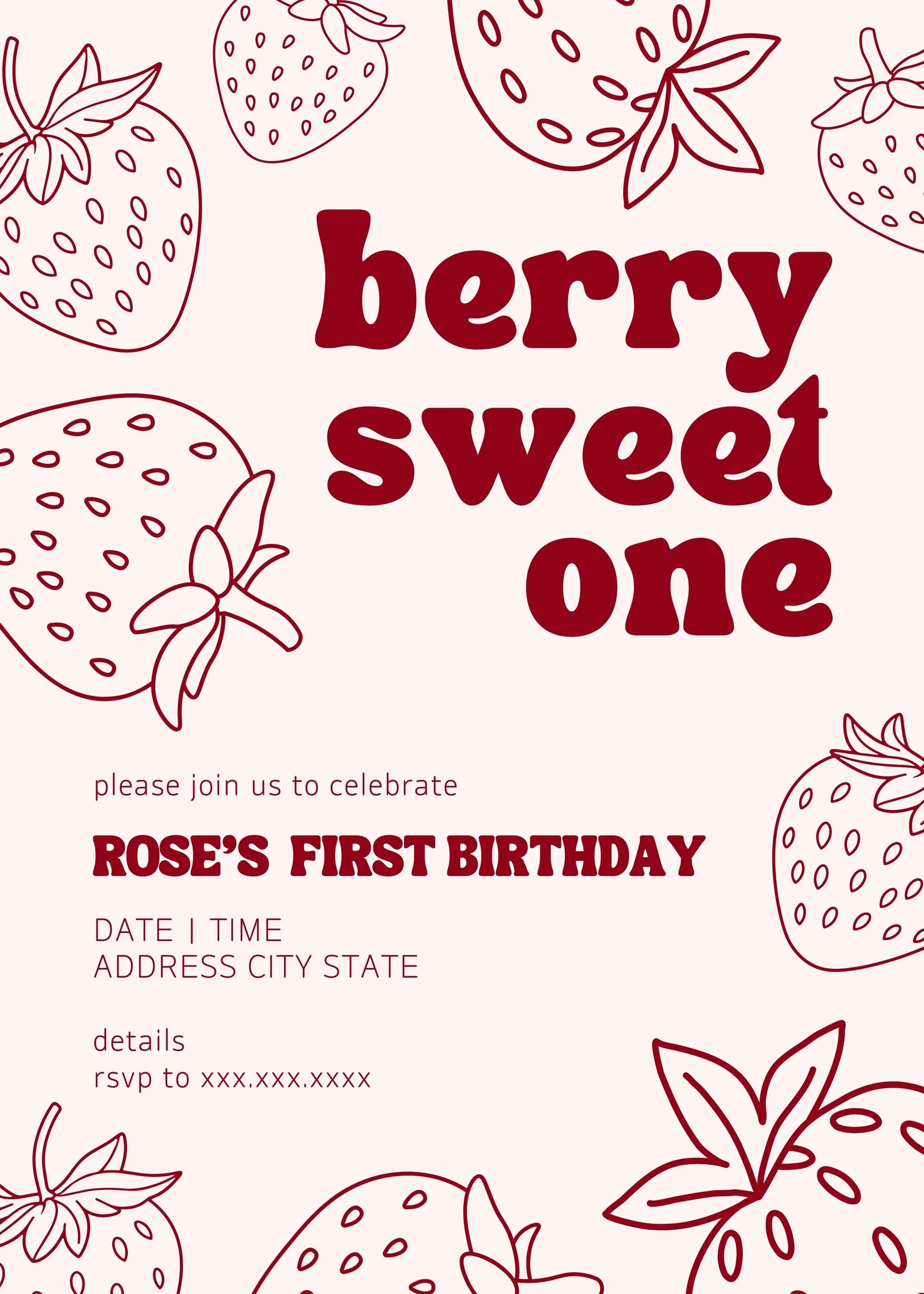 Berry Sweet One Birthday Invitation: Customizable Canva Template ...