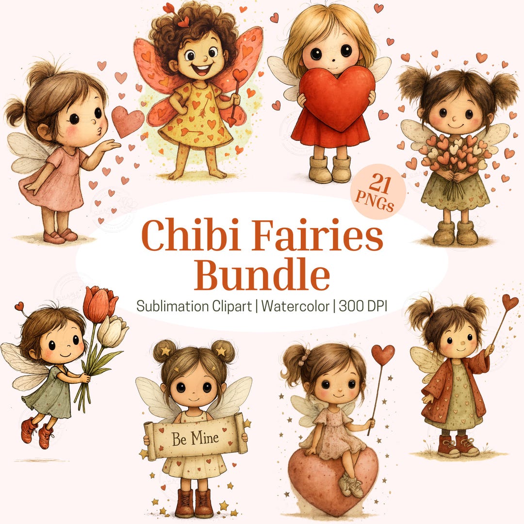 21 Valentine Fairies PNG Bundle – Chibi Fairy Clipart – Valentine PNG ...