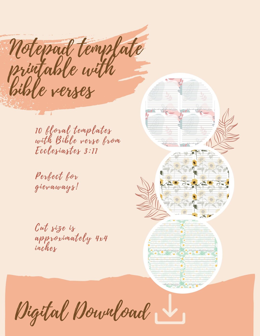 4x4 Notepad Template in Floral Theme With Bible Verse - Etsy