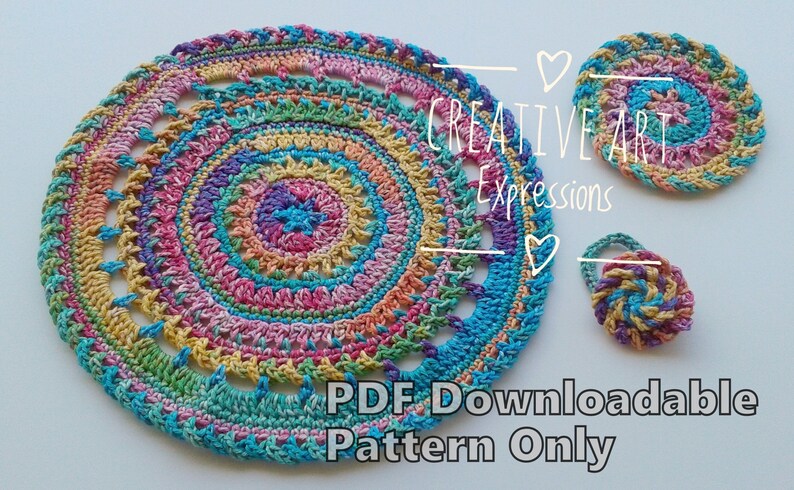 Round Place Mat Set Crochet Pattern, Crocheted Coaster Pattern ...