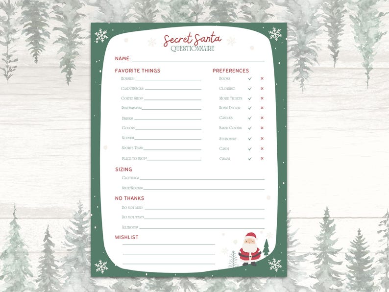 Secret Santa Questionnaire Printable, Secret Santa Survey, Gift ...