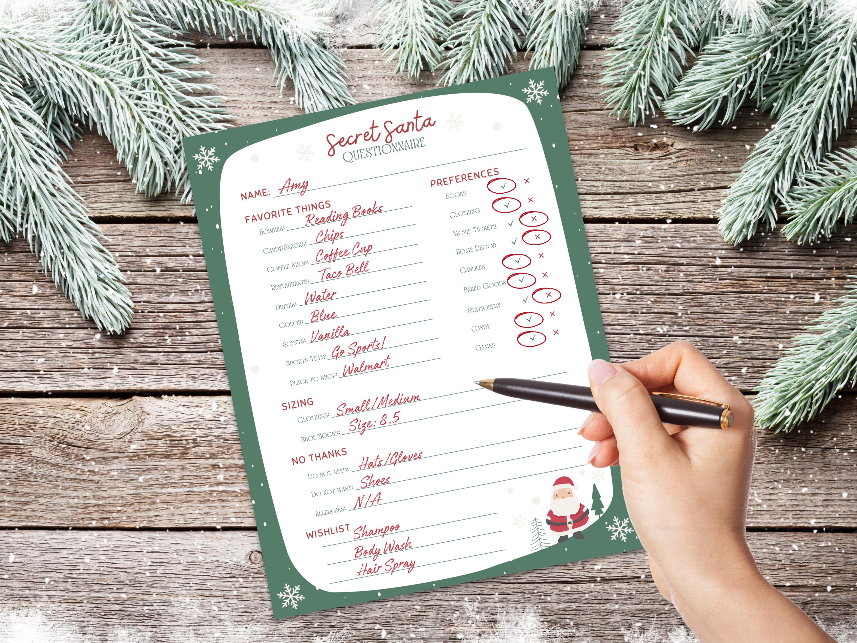 Secret Santa Questionnaire Printable, Secret Santa Survey, Gift ...
