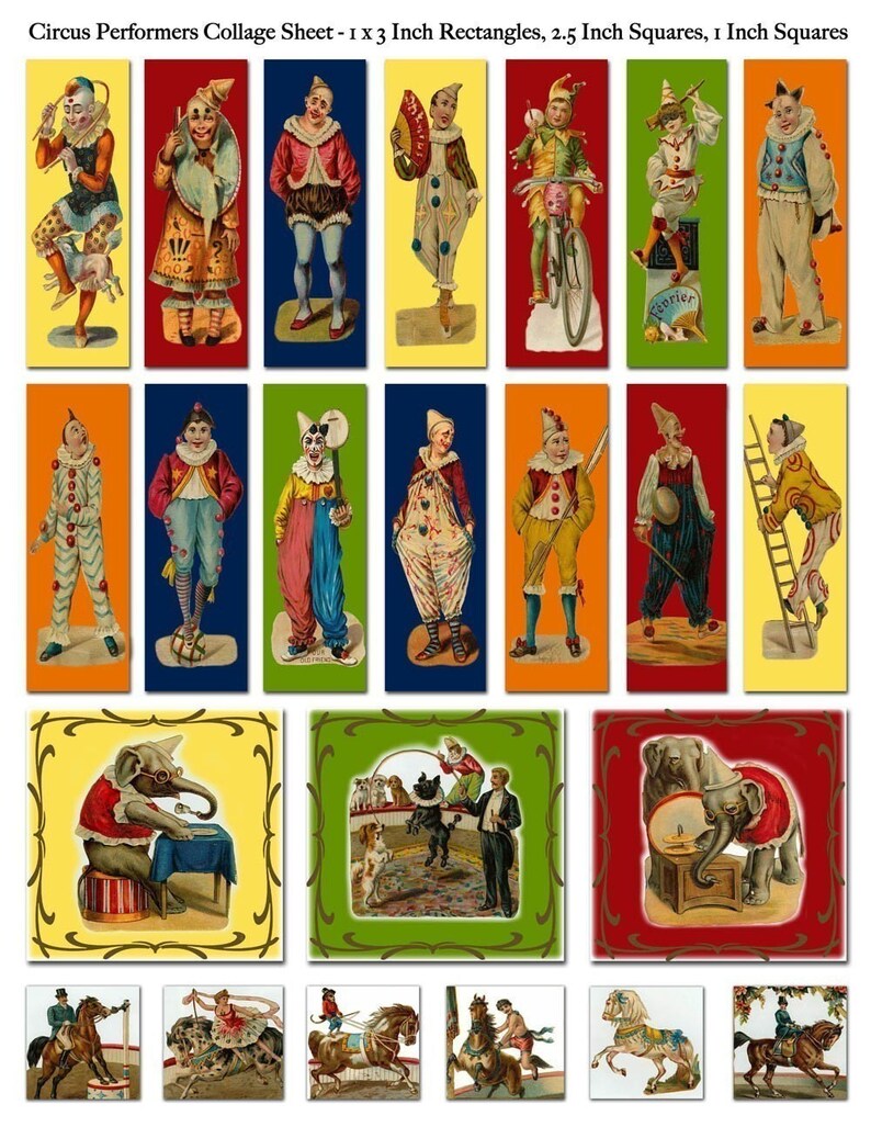 Vintage Circus Clowns Collage Sheet Clowns Elephants Colorful Instant Digital Download Printable ...