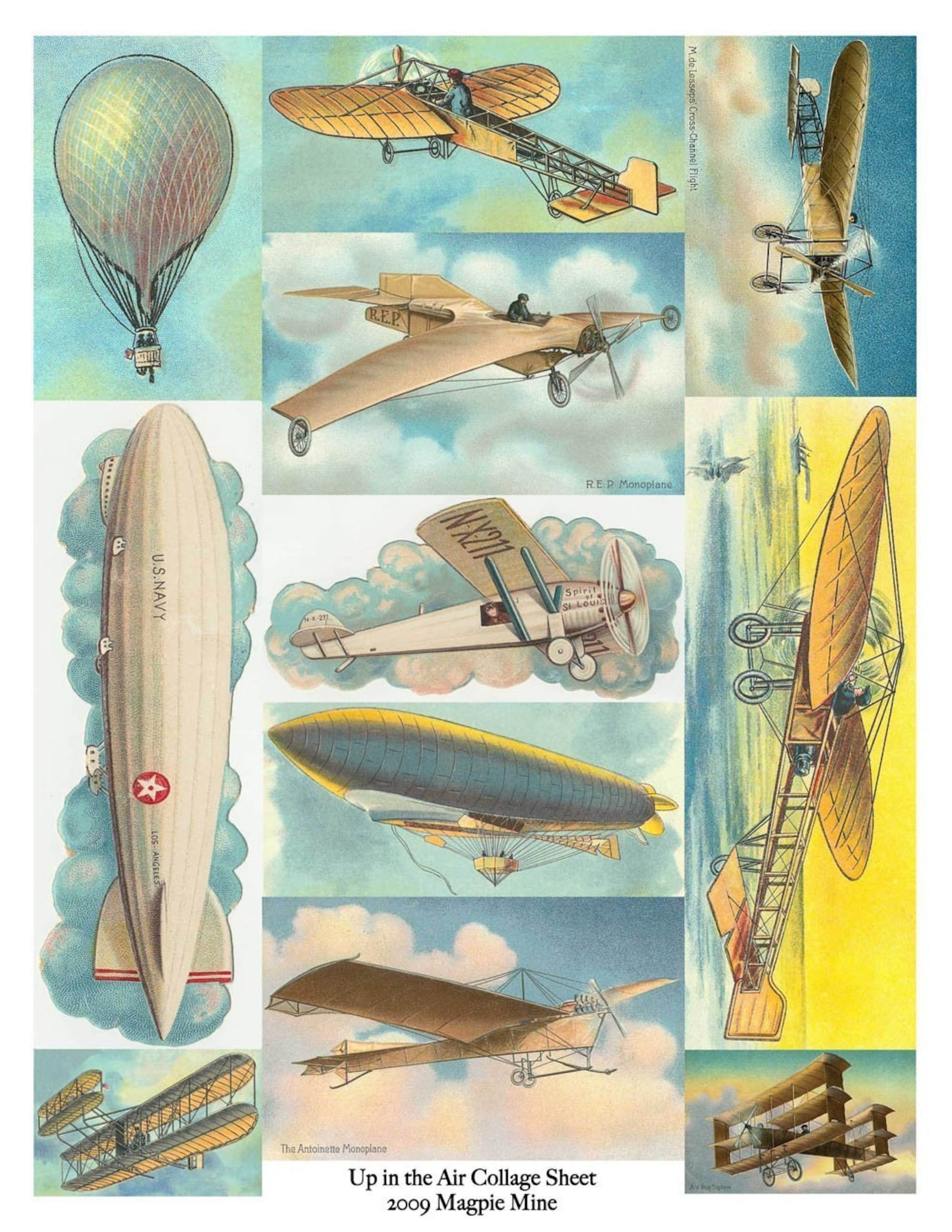 Vintage Air Planes Collage Sheet Flying Machines, Dirigibles, Blimps ...