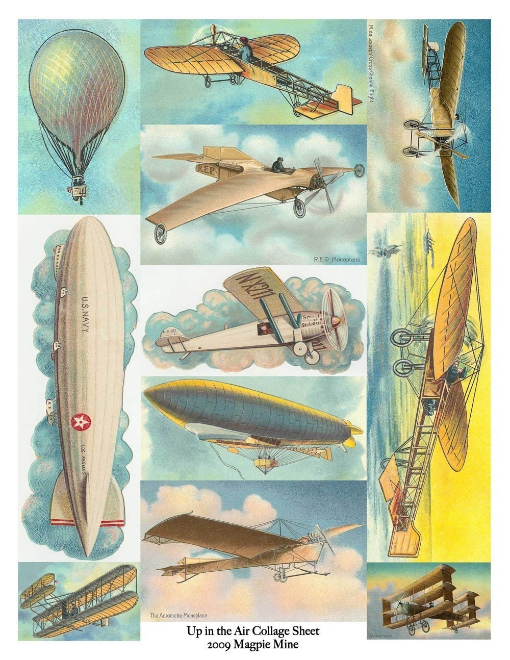 Vintage Air Planes Collage Sheet Flying Machines, Dirigibles, Blimps ...