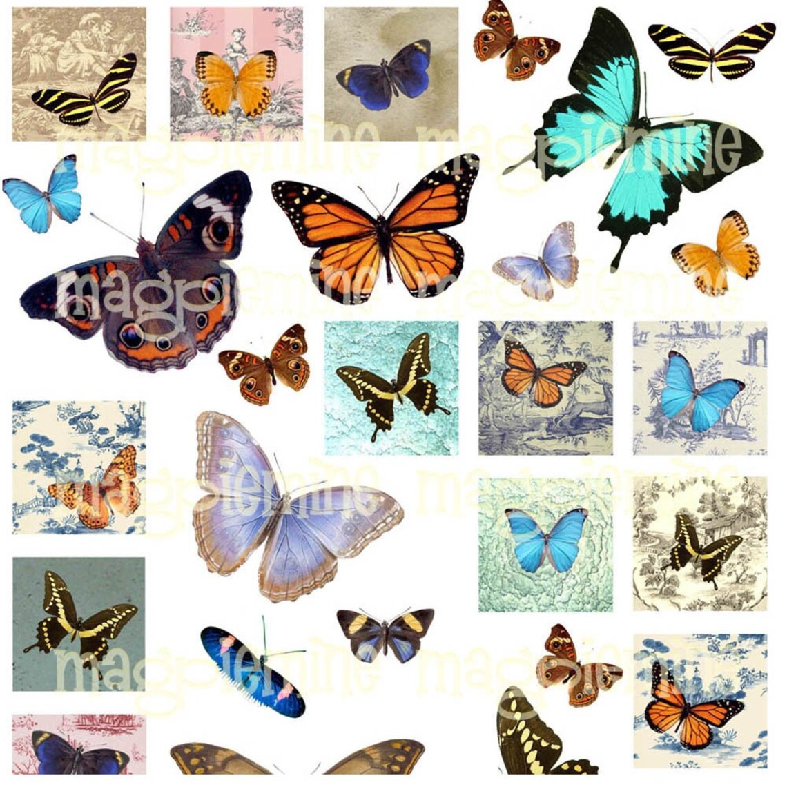 Collage de digitales mariposas sobre fondo de Toile hoja cuadrados de ...