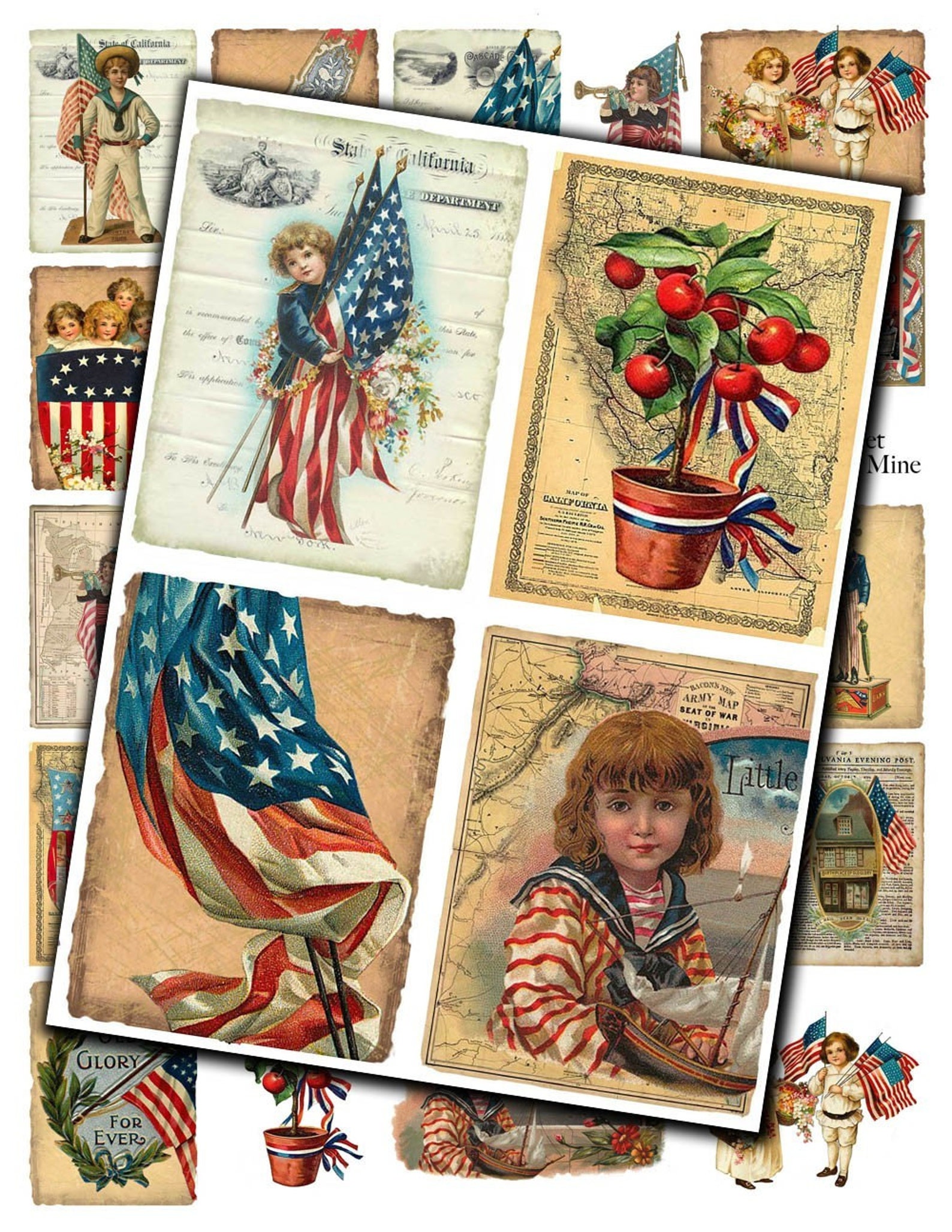 Vintage Americana Patriotic Collage Sheet - Red White and Blue Images ...