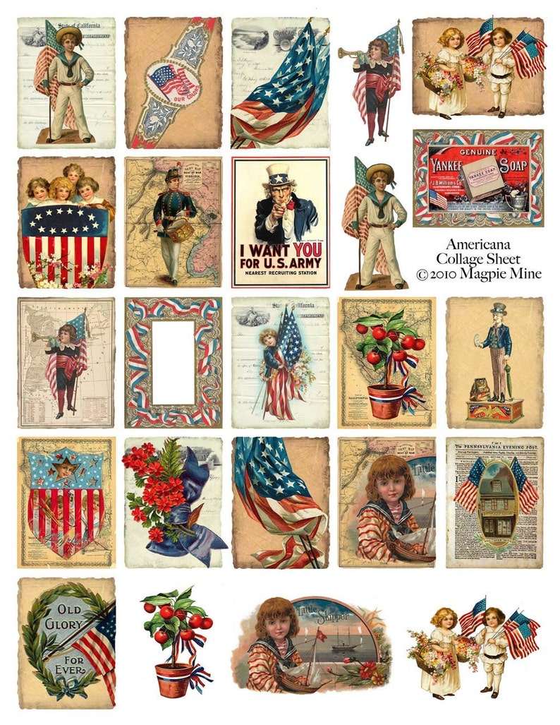 Vintage Americana Patriotic Collage Sheet - Red White and Blue Images ...