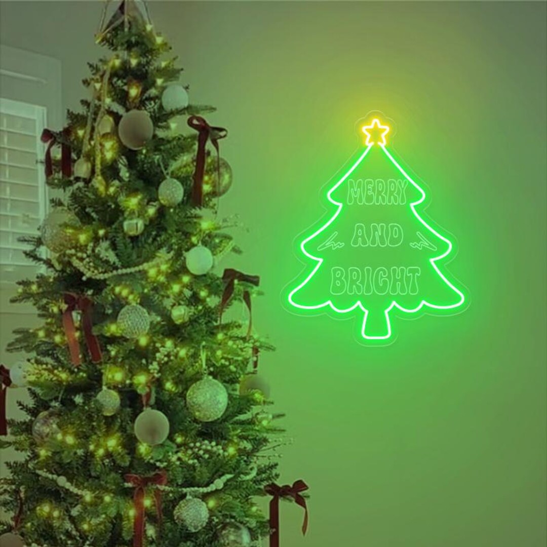 Christmas Tree Neon Light, Christmas Tree Wall Art, Merry and Bright ...