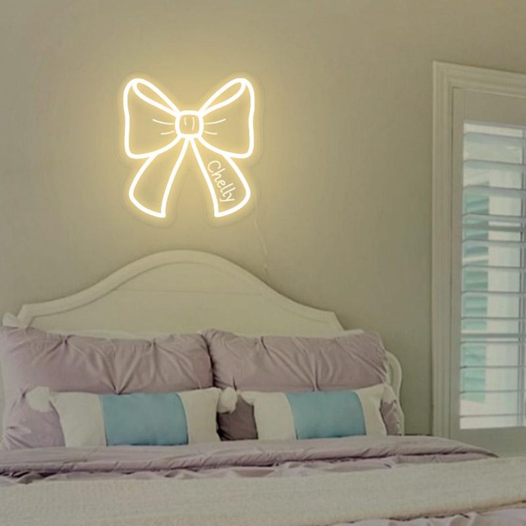 Custom Bow Ribbon Neon Sign, Bow Name Decor, Coquette Bow Sign, Girly ...