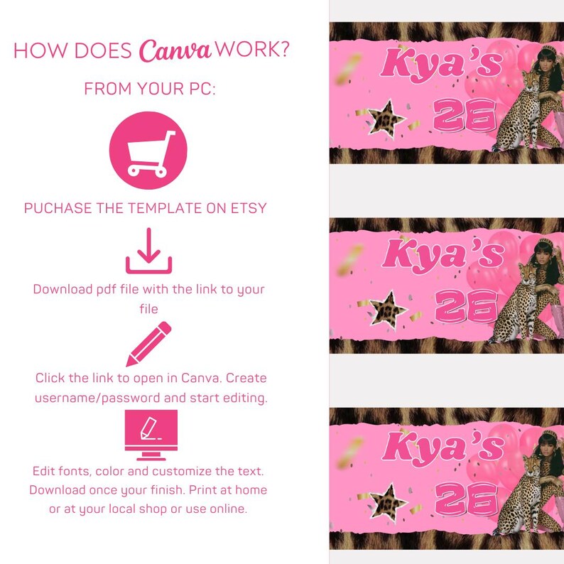 Pink & Cheetah, Leopard Print, Birthday, Water Bottle Label, Canva ...