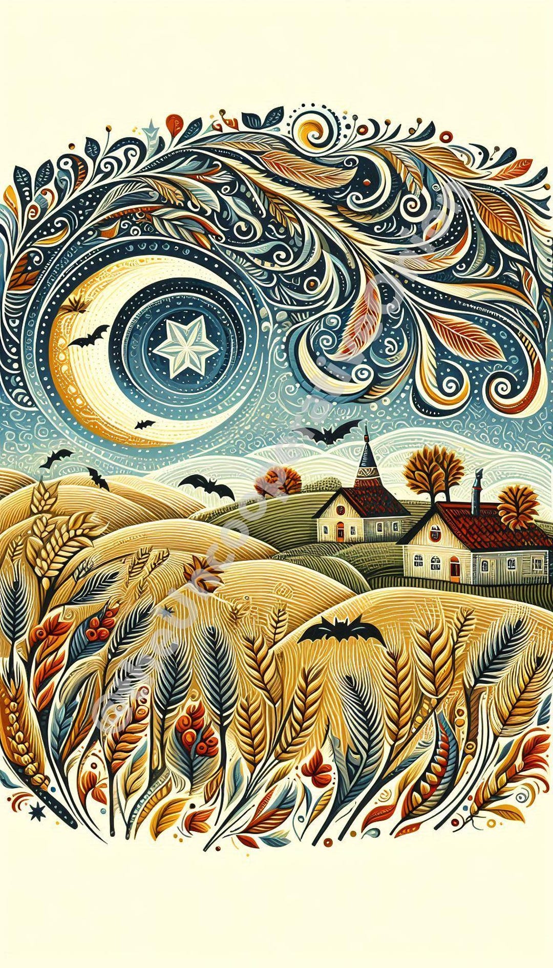 Wheatfield, Folk Art, Autumn Art, Digital Prints, Autumn Nights - Etsy
